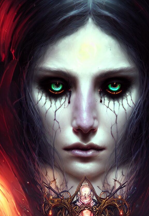 Lexica - Necromancer Sorceress face close-up macro in center, fantasy ...