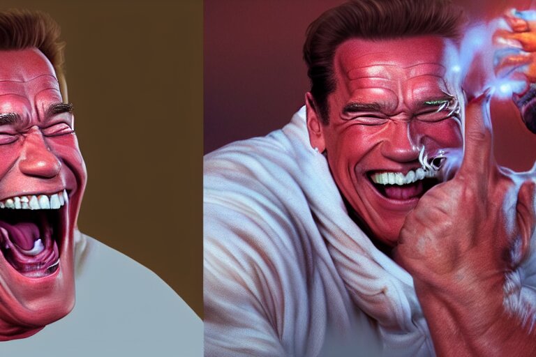 Lexica - Arnold Schwarzenegger laughing hysterically with crazy eyes ...