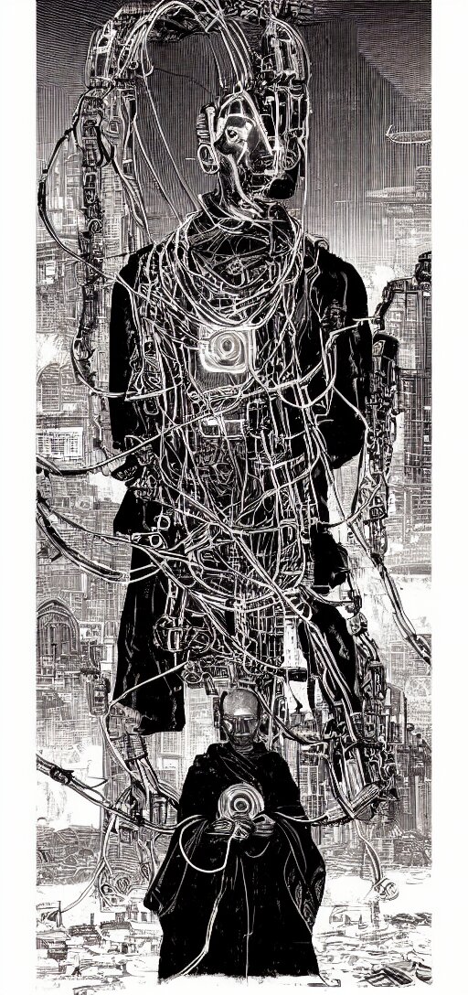 Lexica - Cyberpunk Buddhist Monk | Cyborg in Red surrounded by cables ...