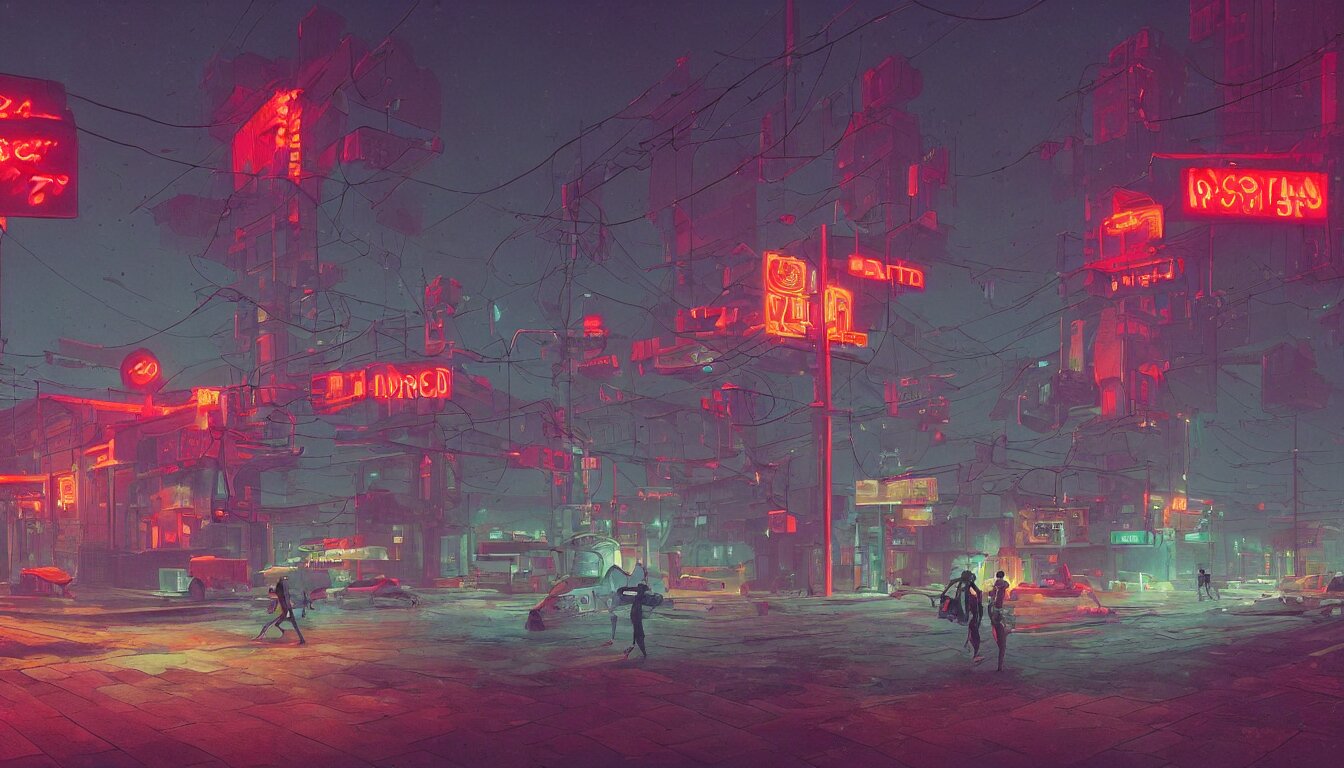 Lexica - Robots on the streets, bricked soviet buildings, neon lights ...