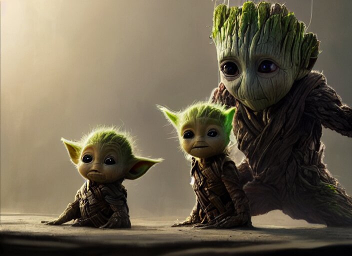 Lexica - A dramatic highly detailed render of baby groot and baby yoda ...