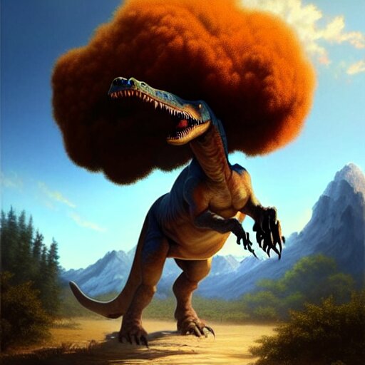 Lexica - Bob ross!!! riding!!! a dinosaur!!, giant afro!, model pose ...