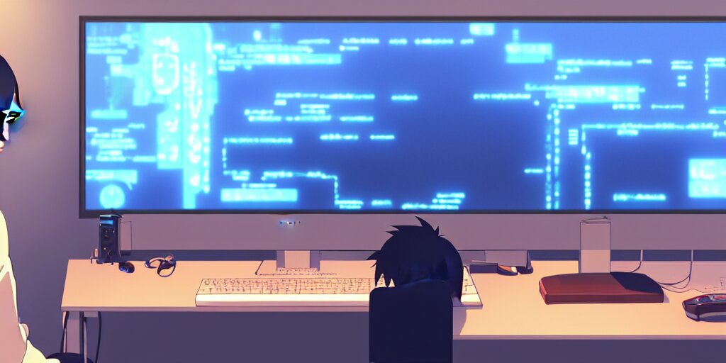 Lexica - A nerdy boy is programming at a computer in a room full of ...