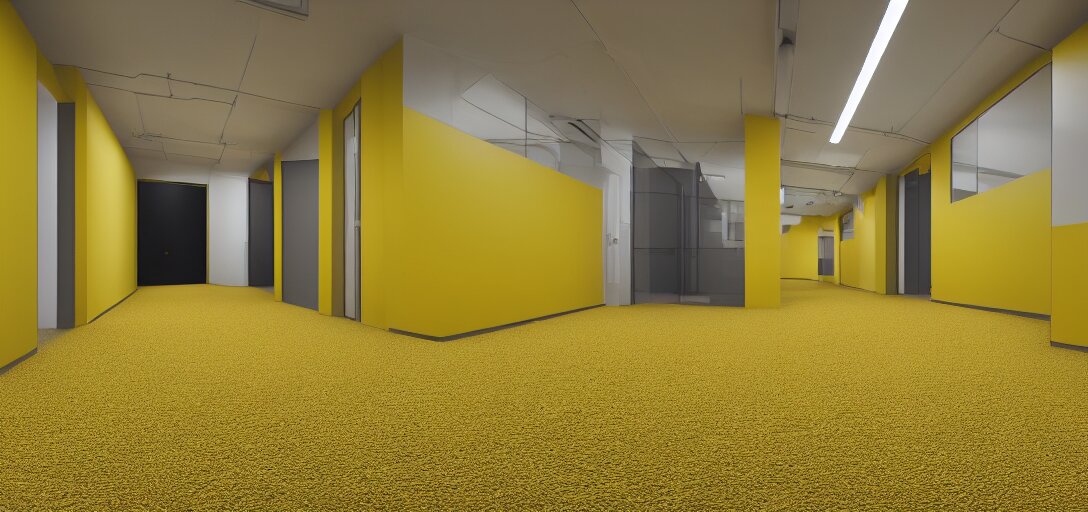Lexica - Backrooms office place yellow walls carpet floor led lights with nobody, bright, 8 k ...
