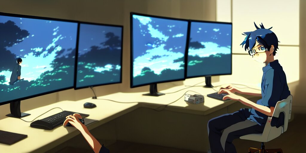 Lexica - A nerdy boy is programming at a computer in a room full of ...