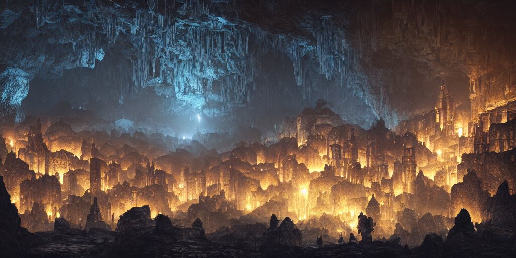 Lexica - A shining dwarven city in a dark cavern, rainy, dark and ...