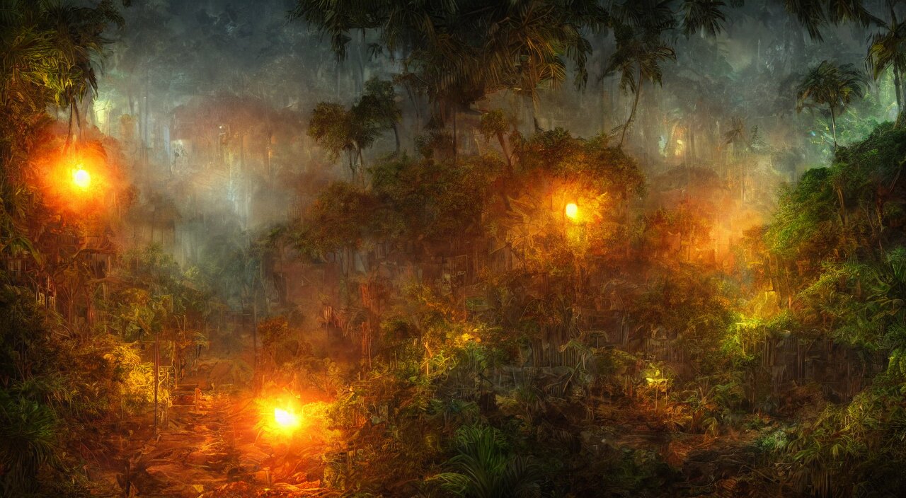 Lexica - lot torch by night in the tropical jungle the wall wood ...