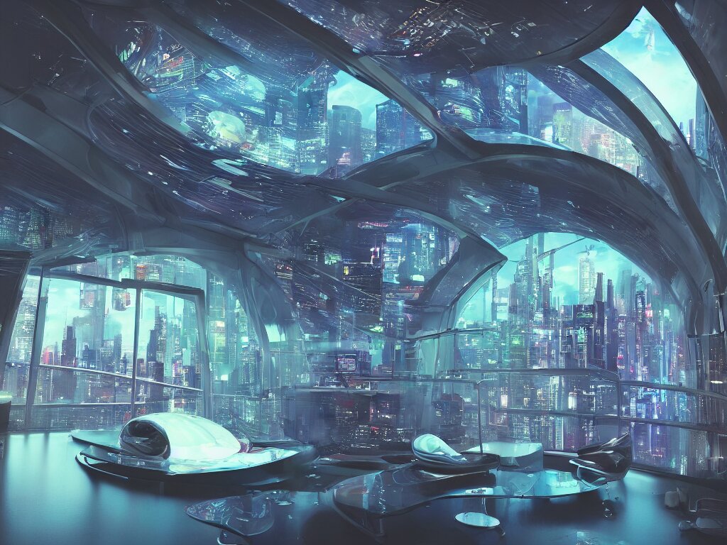 Lexica - A futuristic bedroom with large curved ceiling high windows ...