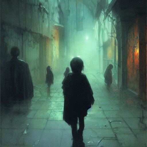 Lexica - Dark alley full of homeless children, somber, by beksinski and ...