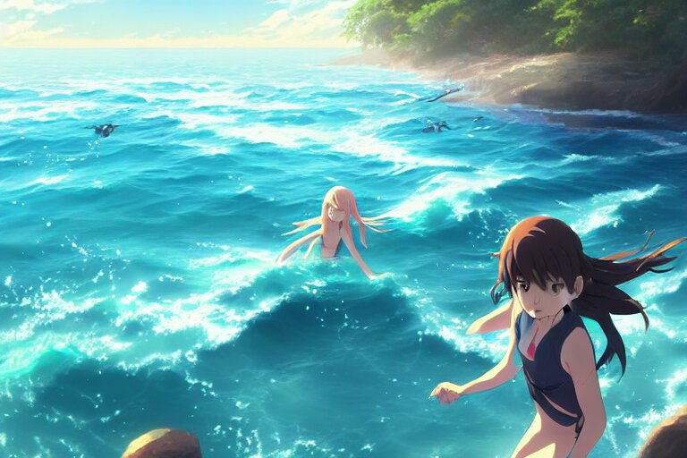 Lexica - Friends splashing in the ocean, key visual, a fantasy digital ...
