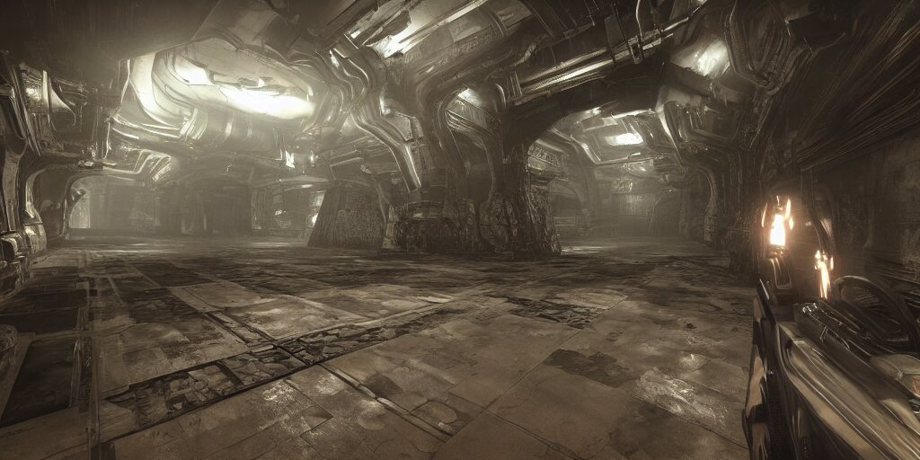 Gameplay footage of a first person game designed by H.R Giger an ...