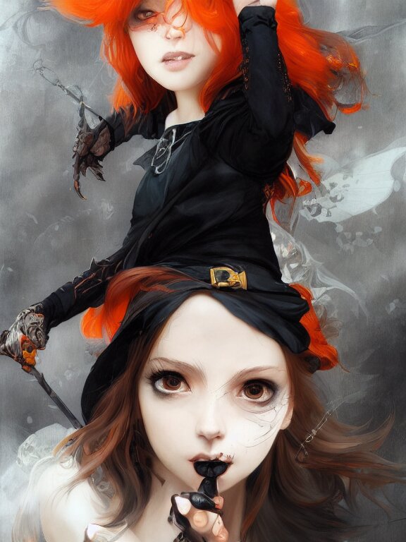 Full shot of a cute mischievous young witch about to get up to s ...