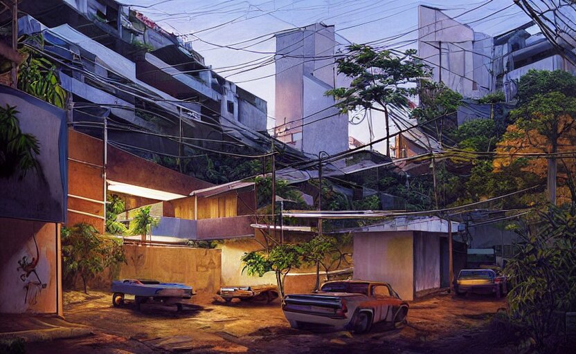 a contemporary modernist favela environment, many wild animals ...