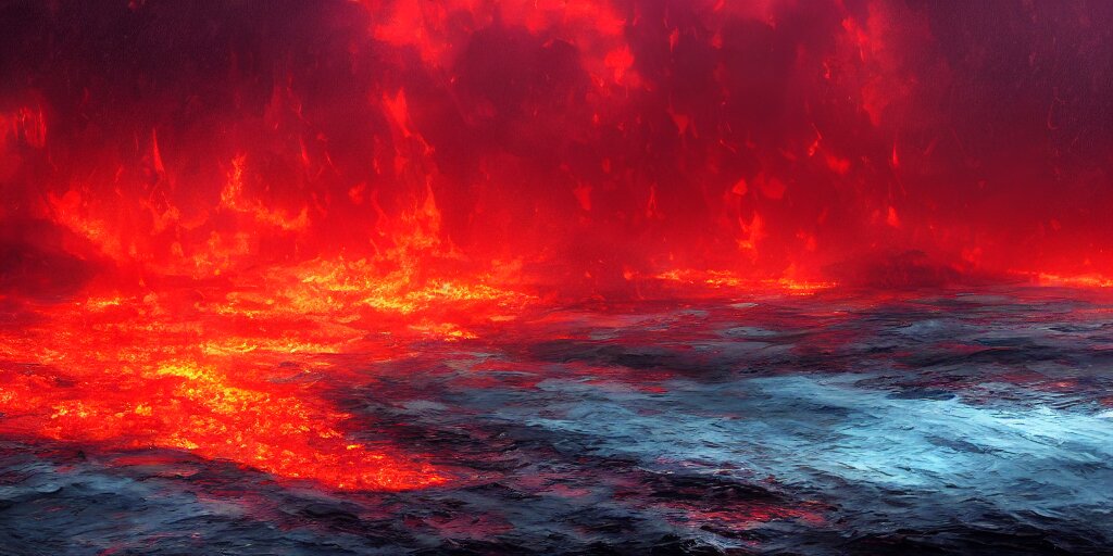 Lexica - A boiling and flaming red sea, illustration, raining, dark and ...