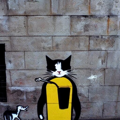 Lexica - Street art of an alcoholic cat who drink wine, by banksy