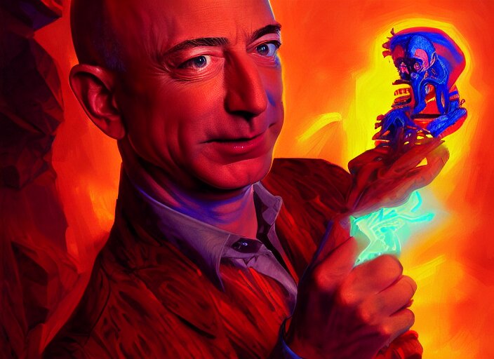 Lexica - A psychedelic portrait of evil demonic jeff bezos holding ...