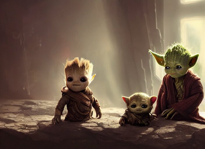 Lexica - A dramatic highly detailed render of baby groot and baby yoda ...