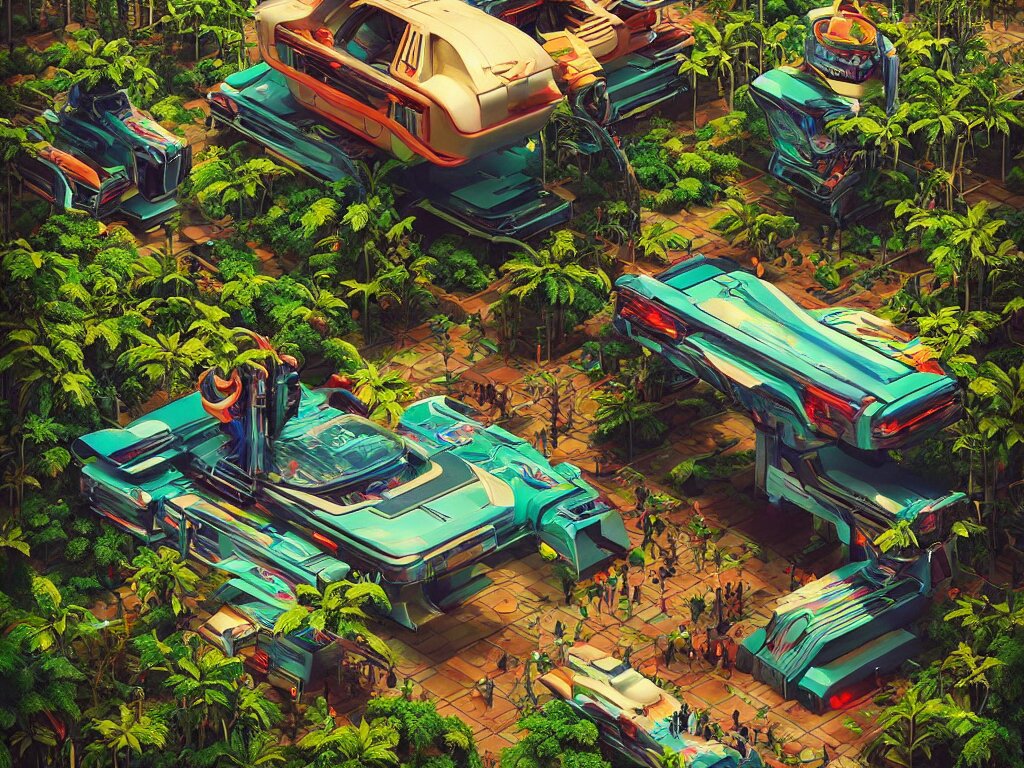 Lexica - 80s futuristic outdoor retro arcade, desolate, lush vegetation ...