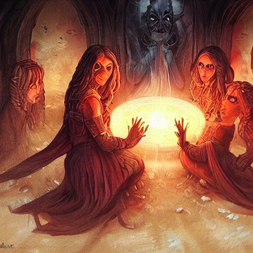 female acolytes using demonic summoning circle to summon a demon ...