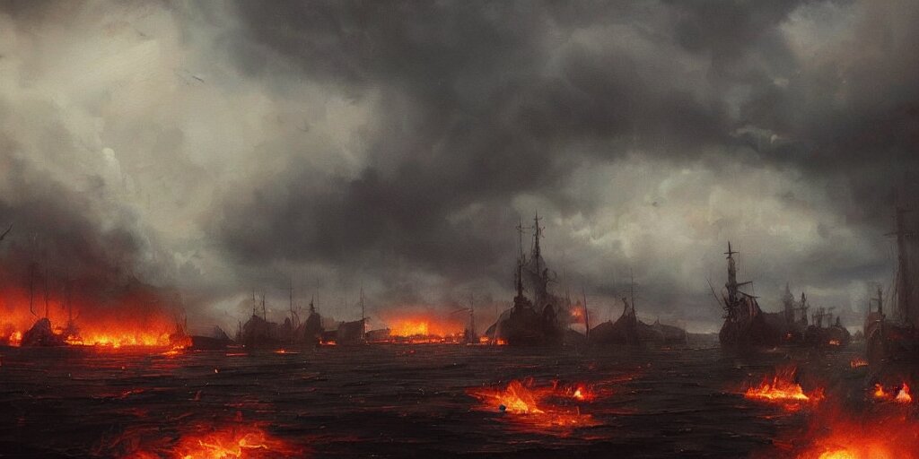 Lexica - Hyper realistic oil painting of a medieval fleet burning, dark ...