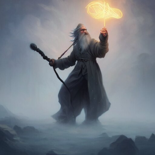cinematic shot epic portrait an wizard with gray hair and long b ...