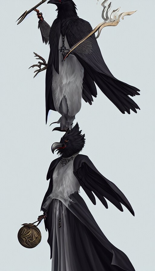 Lexica - Raven headed warlock, wind magic, white cloudy robes ...