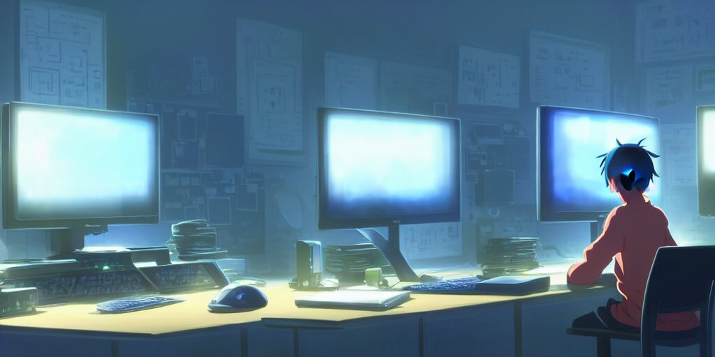 Lexica - A nerdy boy is programming at a computer in a room full of gadgets and computer screens ...