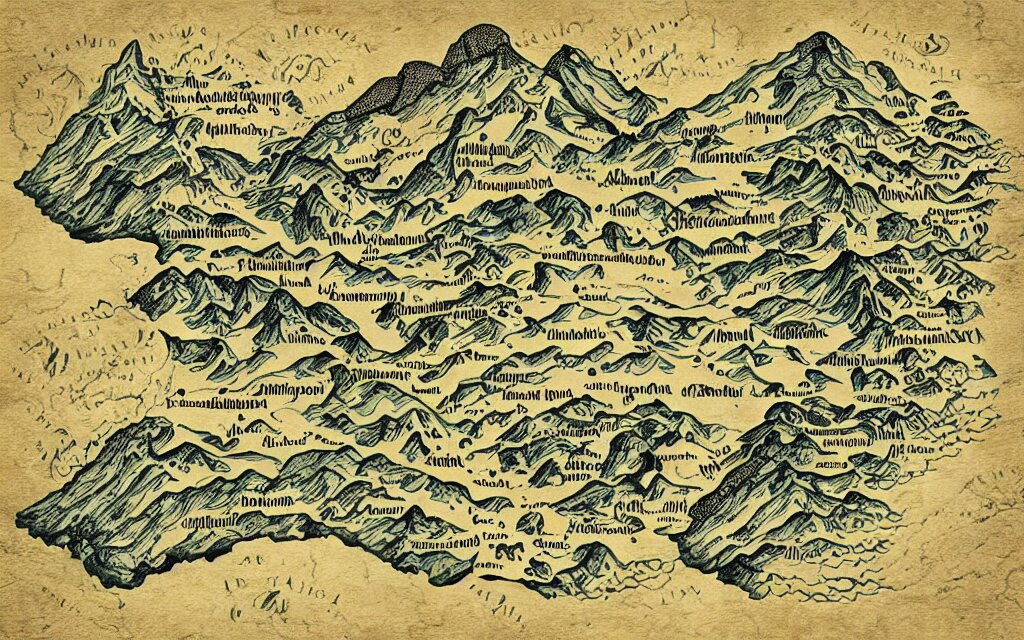 Lexica - Medieval map mountain ranges, rivers, lakes, cursive lettering ...