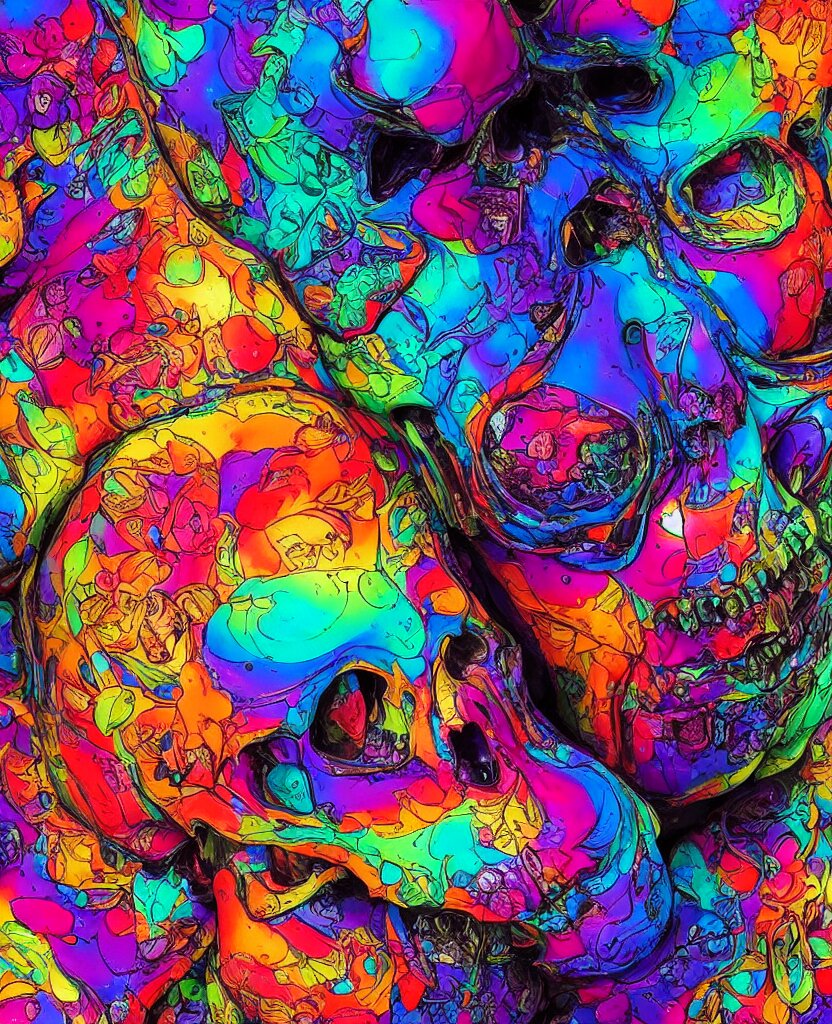 illustration of a colorfull melting human skull. flowers and blo ...