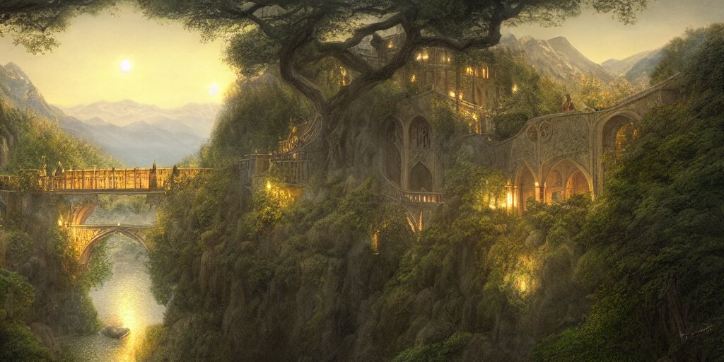 Lexica - Rivendell, looking out from the balcony, evening, detailed ...