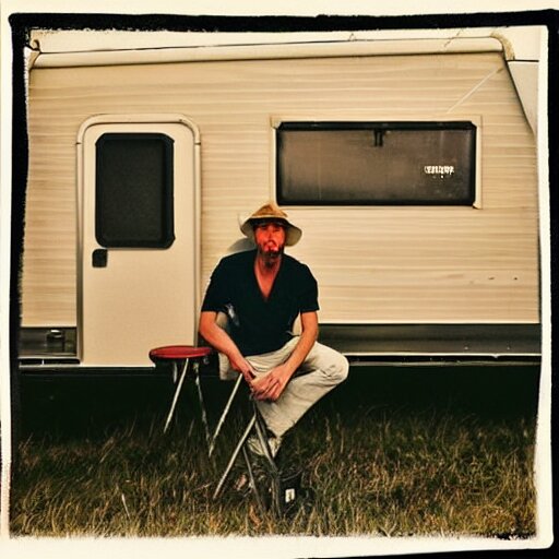 Lexica - A man sitting on a stool in front of a trailer, an album cover ...