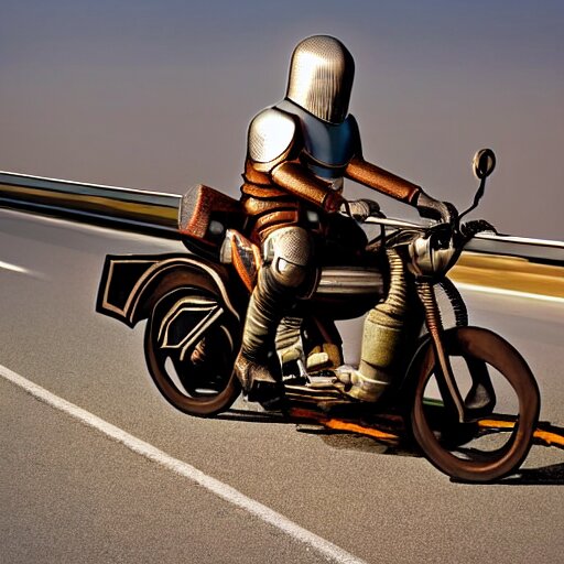 Lexica - Very high quality picture of a knight riding on a motercycle ...