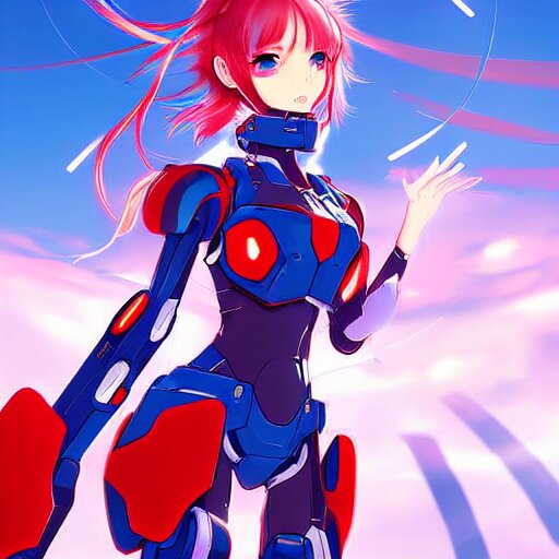 Lexica - Digital anime art, cute mech girl wearing a red mech suit and ...