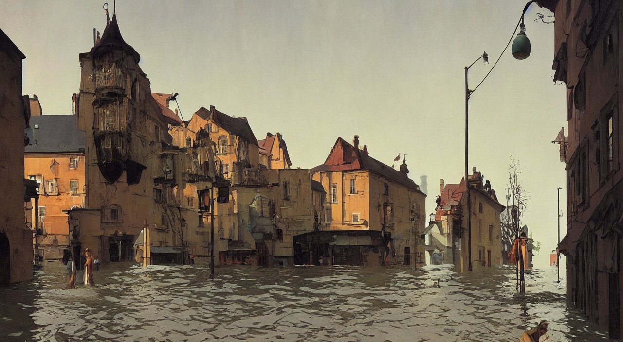 Lexica - A high contrast! painting of a single flooded simple wooden ...