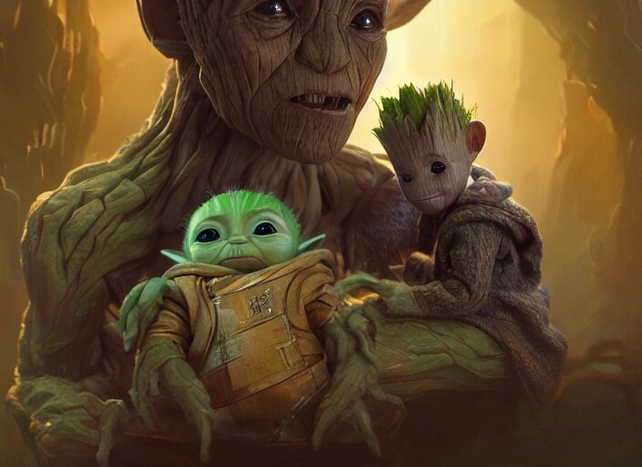Lexica - A dramatic highly detailed render of baby groot and baby yoda ...