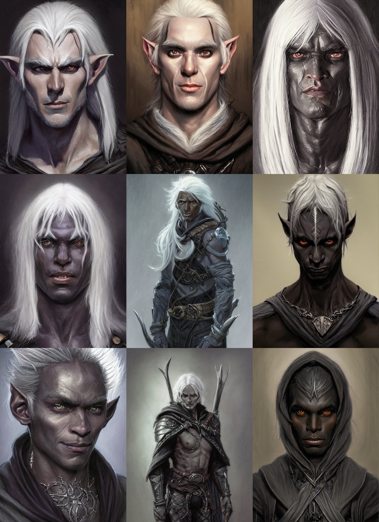 Lexica - A portrait of a dark drow elf male, medium length white hair ...