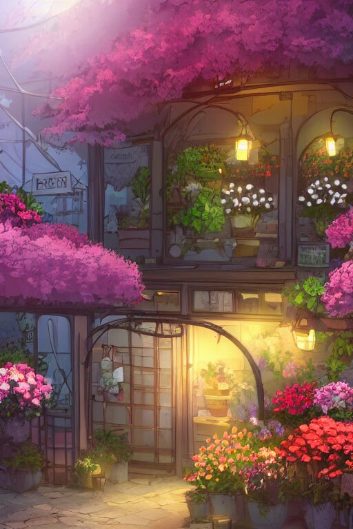 Lexica - A little flower shop's front gate, fresh, digital illustration ...