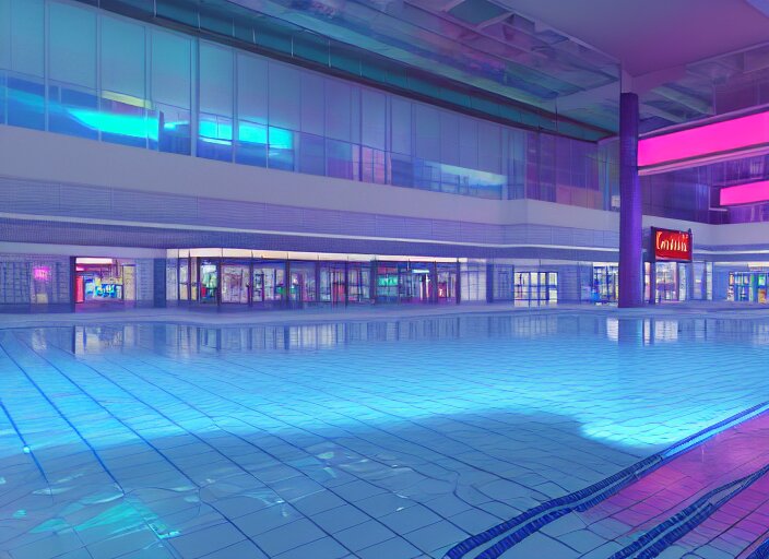 Lexica - Inside a massive pristine empty mall with a large swimming ...