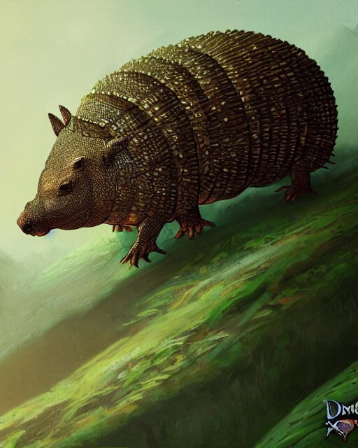 Lexica - Armadillo in armor, green, forest background, magic the ...
