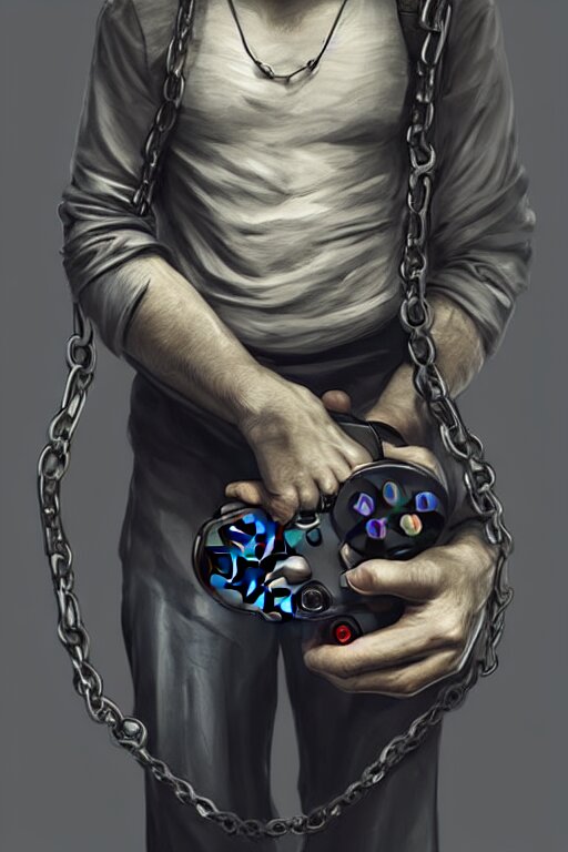 Lexica - Very tired man holding gaming console in hands. he is chained ...