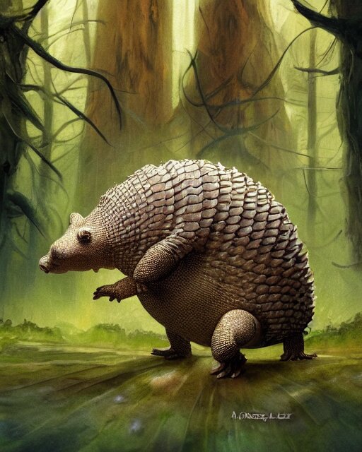 Lexica - Armadillo in armor, green, forest background, magic the ...