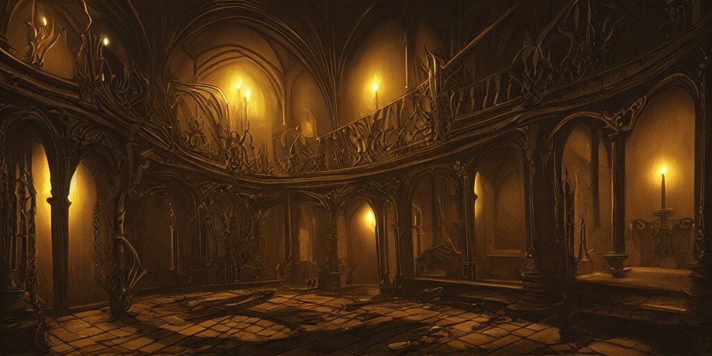 Lexica - Dark sinister vampire lair interior by Michael Parkes, library ...