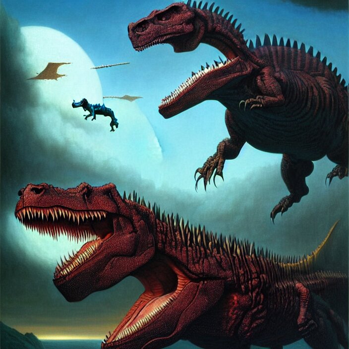 Lexica - Cinematic poster of t rex fighting a spinosaurus, dark fantasy ...