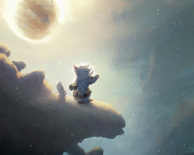 one cartoonish kitty dressed as Gandalf floating alone in space ...