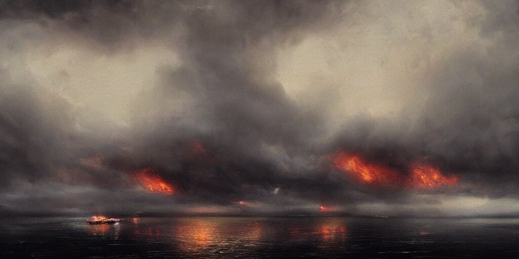 Lexica - Hyper realistic oil painting of a medieval fleet burning, dark ...