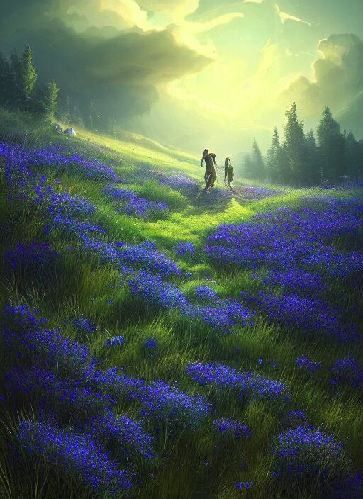 Lexica - Midnight, meadows on hills, blue flowers bloomed all over ...