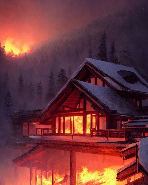 Lexica - Mountain chalet covered in fire, smoke, sunrise, snow, sharp ...