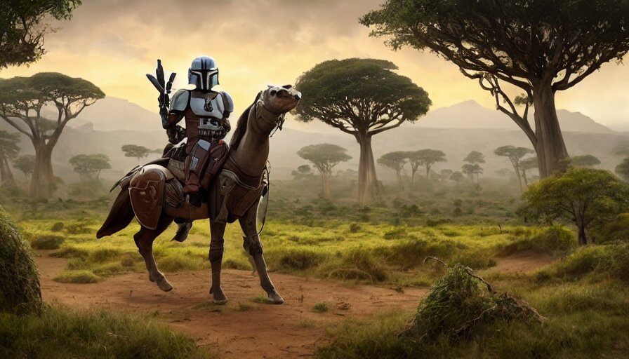 Lexica - Mandalorian riding a horse, madagascar with baobabs trees in ...
