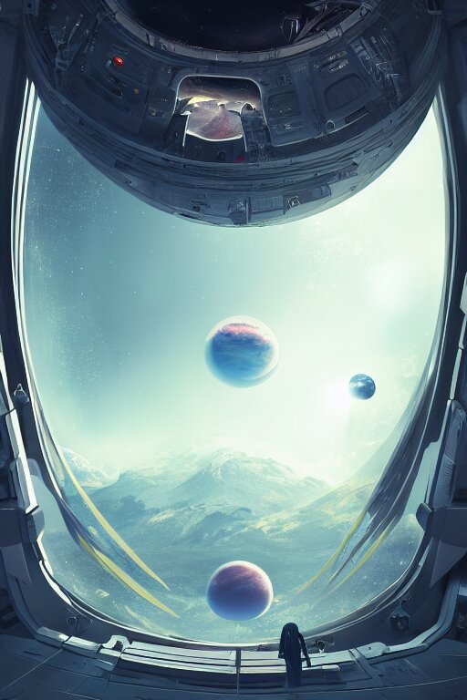 Lexica - Inside a room alien spaceship with large window that provide a ...