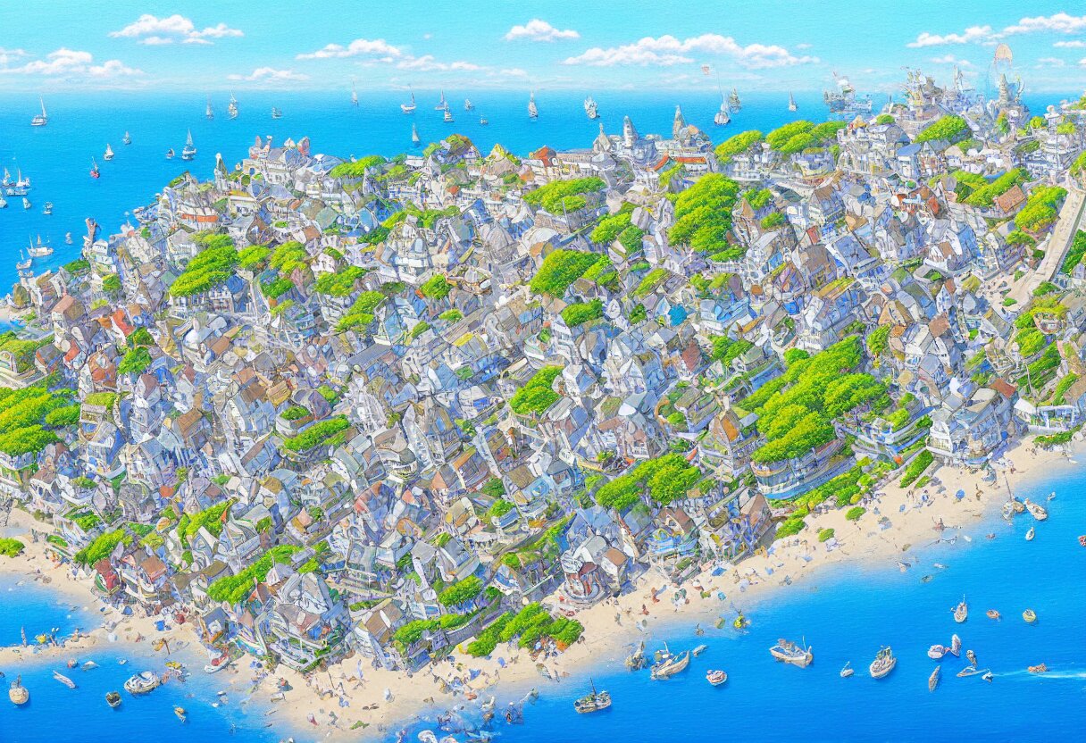 Lexica - A beautiful ultradetailed painting of a seaside town, sunny ...